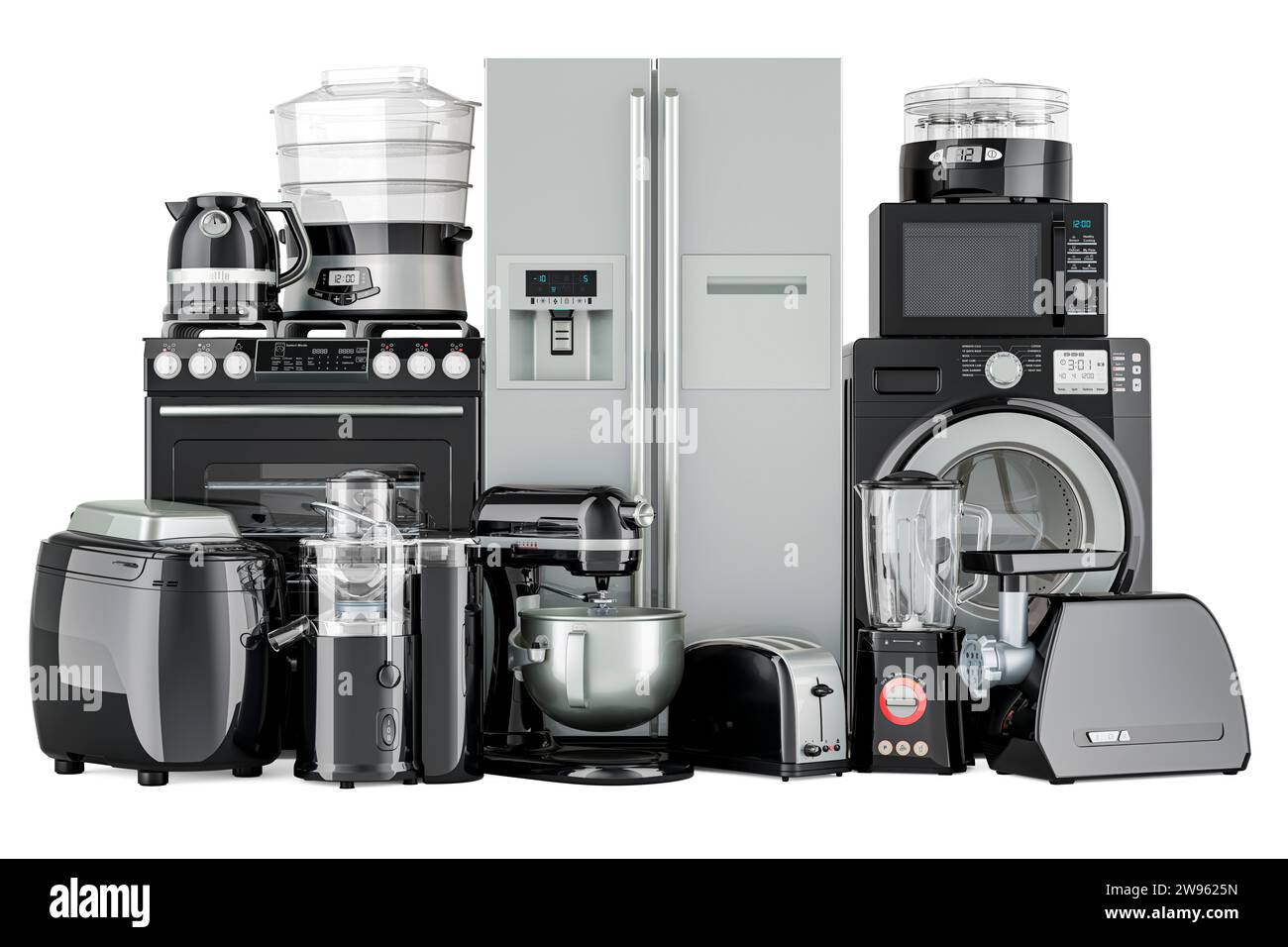 Set of kitchen appliances, silver and black colors. 3D rendering ...