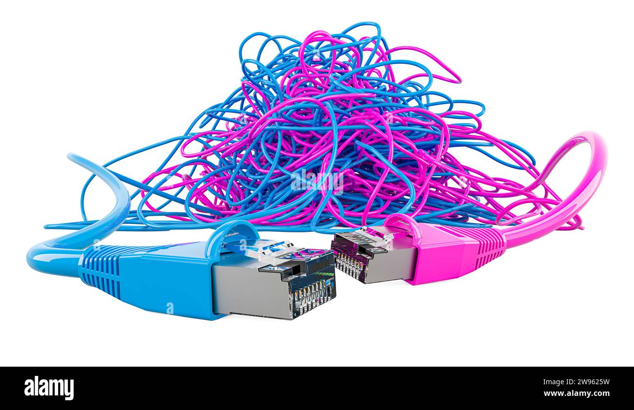 Online dating concept. Pink and blue lan cables in tangled skein. 3D ...