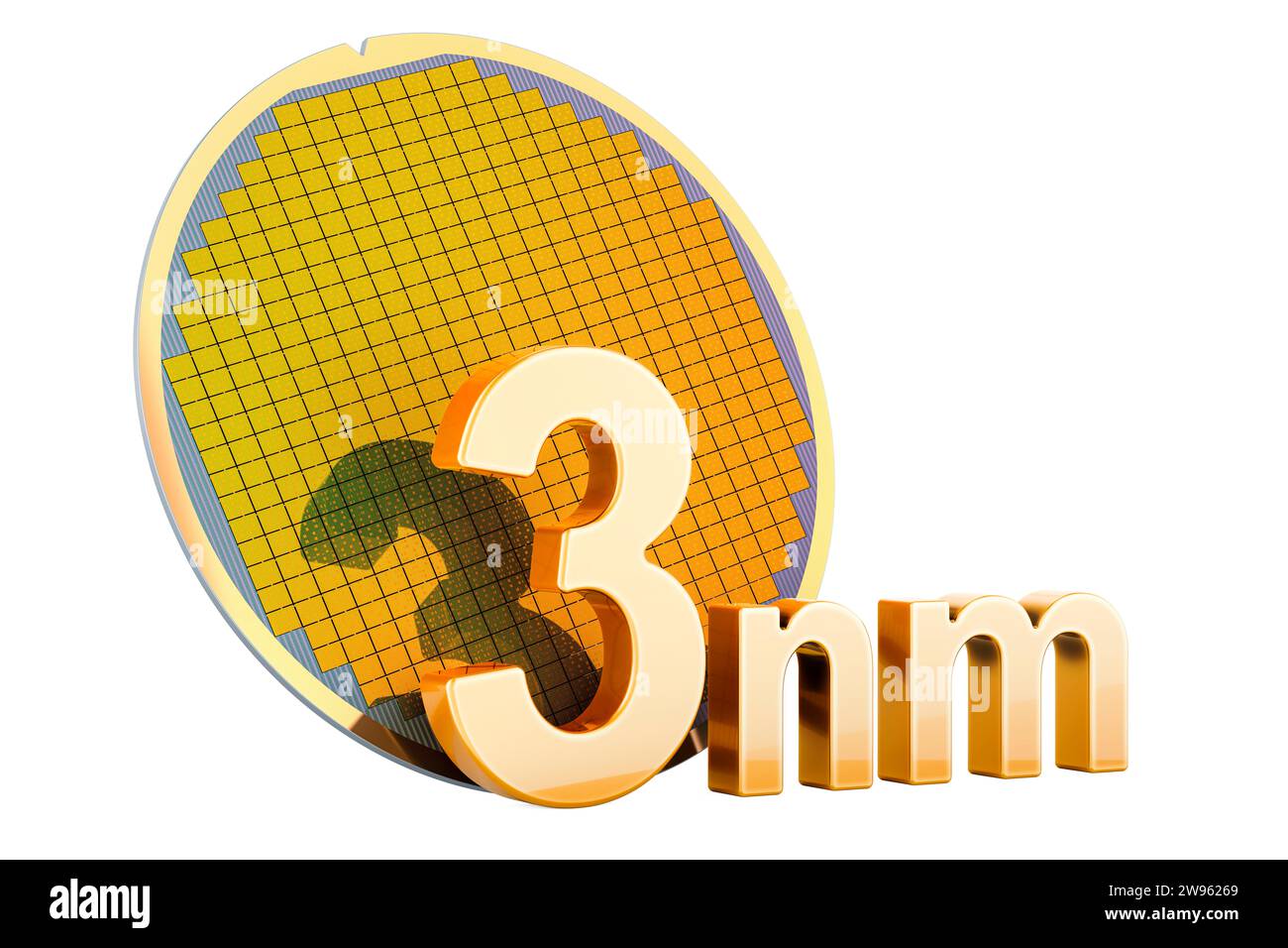 Silicon Wafer with Processor Cores, 3nm size. 3D rendering isolated on white background Stock ...