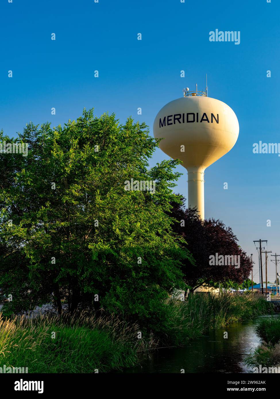 Irrigation canal along the iconic water tower in Meridian Idaho Stock ...
