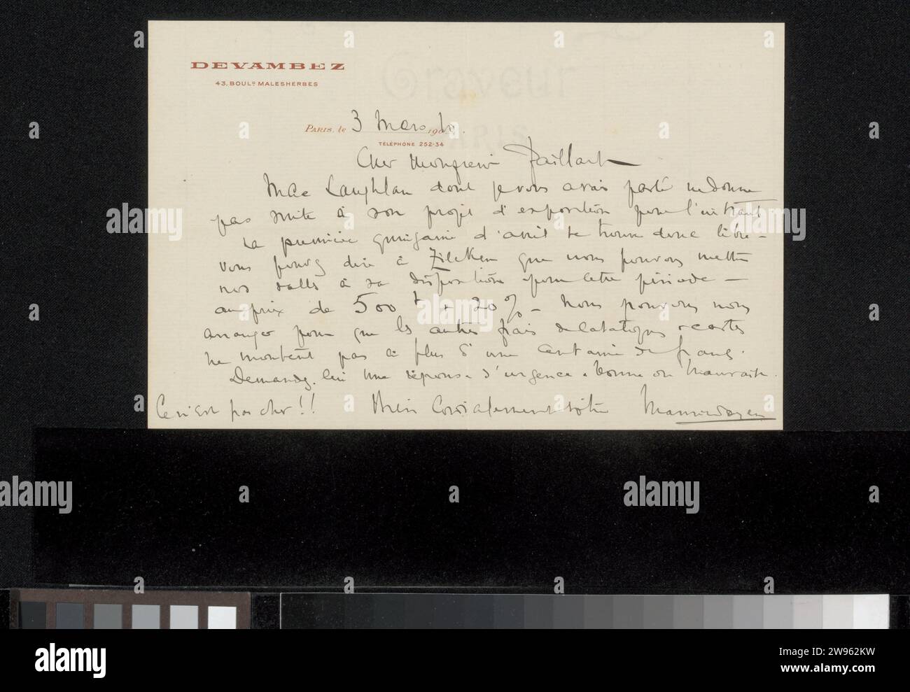 Brief Aan Henri Pierre Paillard, Galerie Devambez, 1910 letter Paris ...