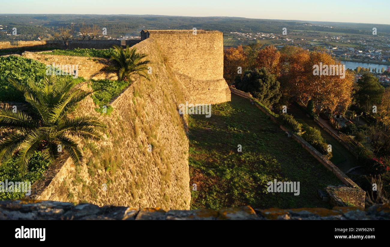 Bastions and ramparts of the Castle of Abrantes, view in sunset light ...