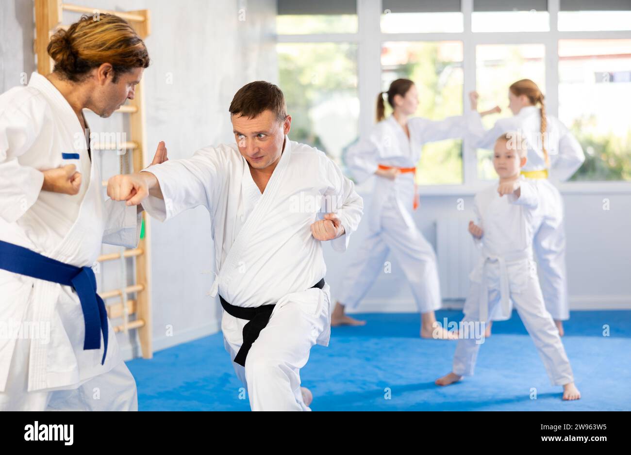 Man in kimono and colored belt practicing karate punch block whith ...