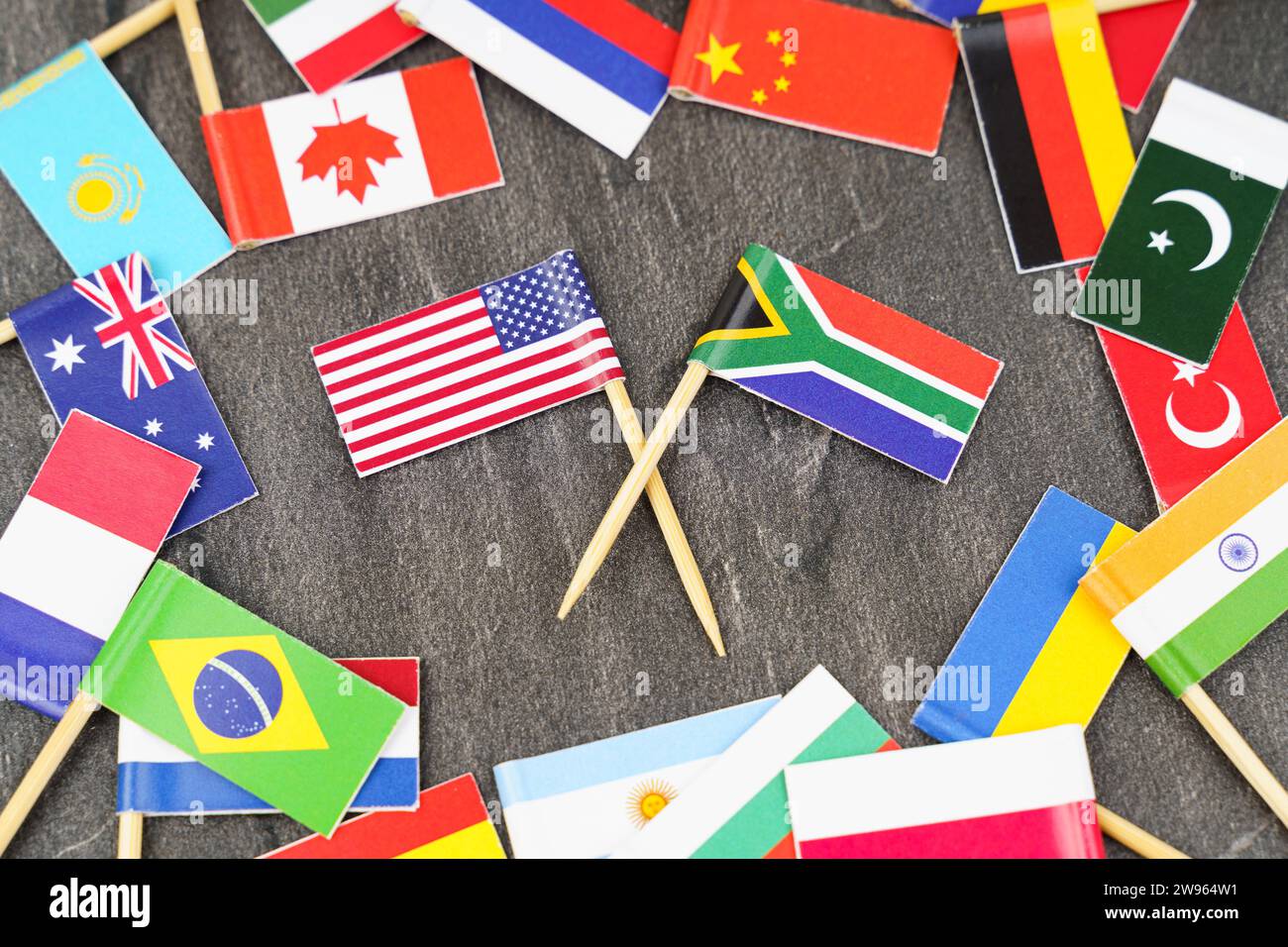 Policy. National flags of different countries. The concept is diplomacy ...