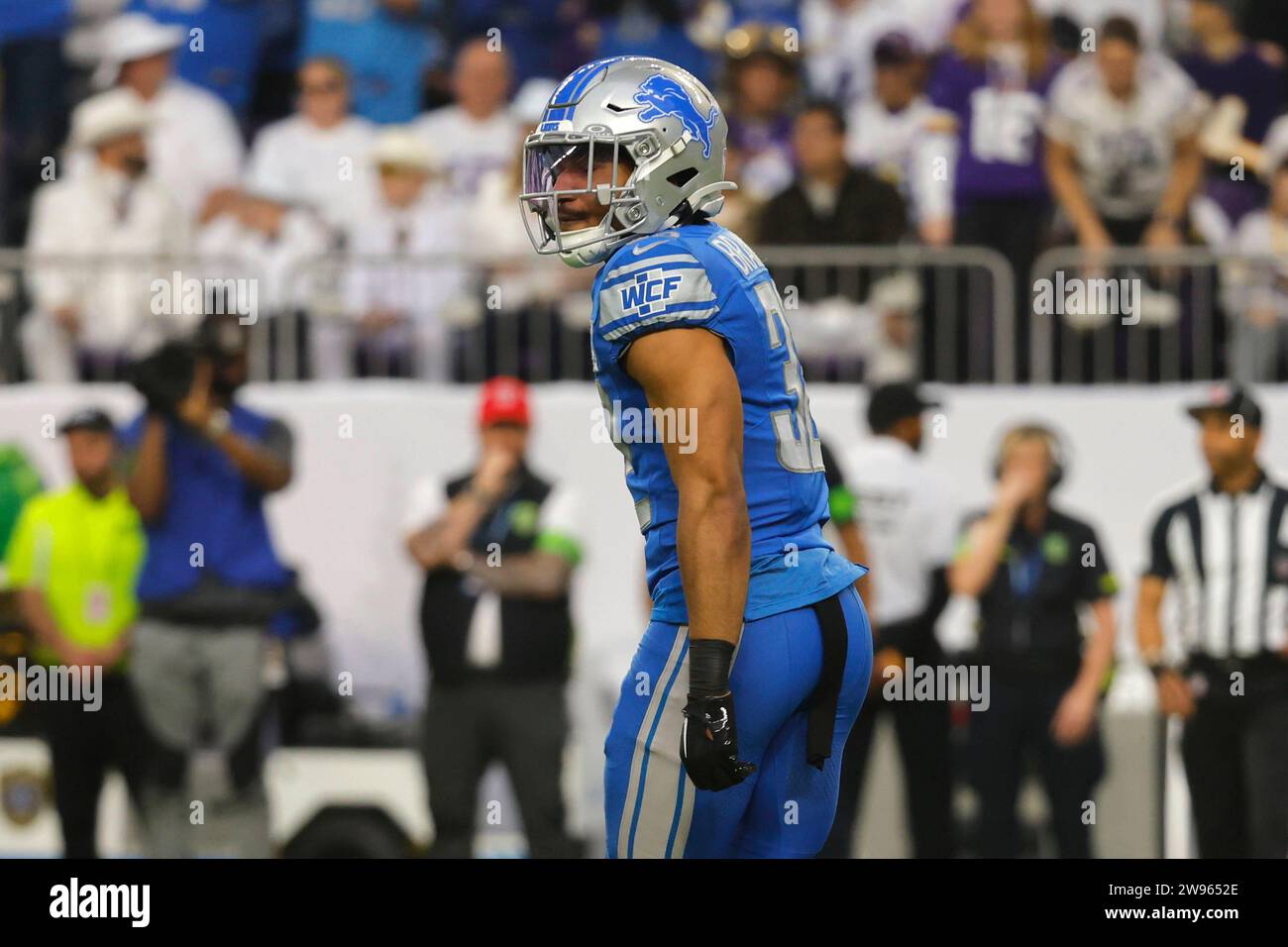 Detroit Lions safety Brian Branch (32) celebrates after intercepting a ...