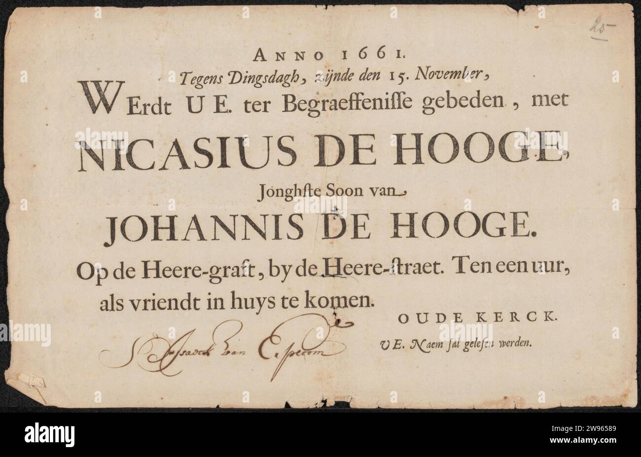 Invitation to Isaac van Erpecum for the funeral of Nicasius de Hooghe ...