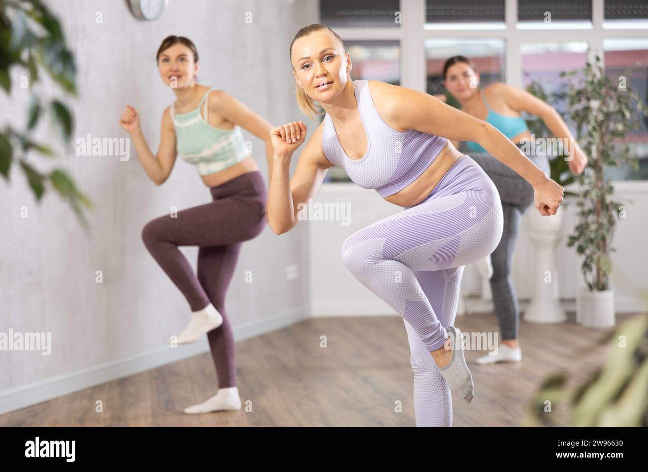 Happy women practicing aerobics in light fitness studio Stock Photo - Alamy