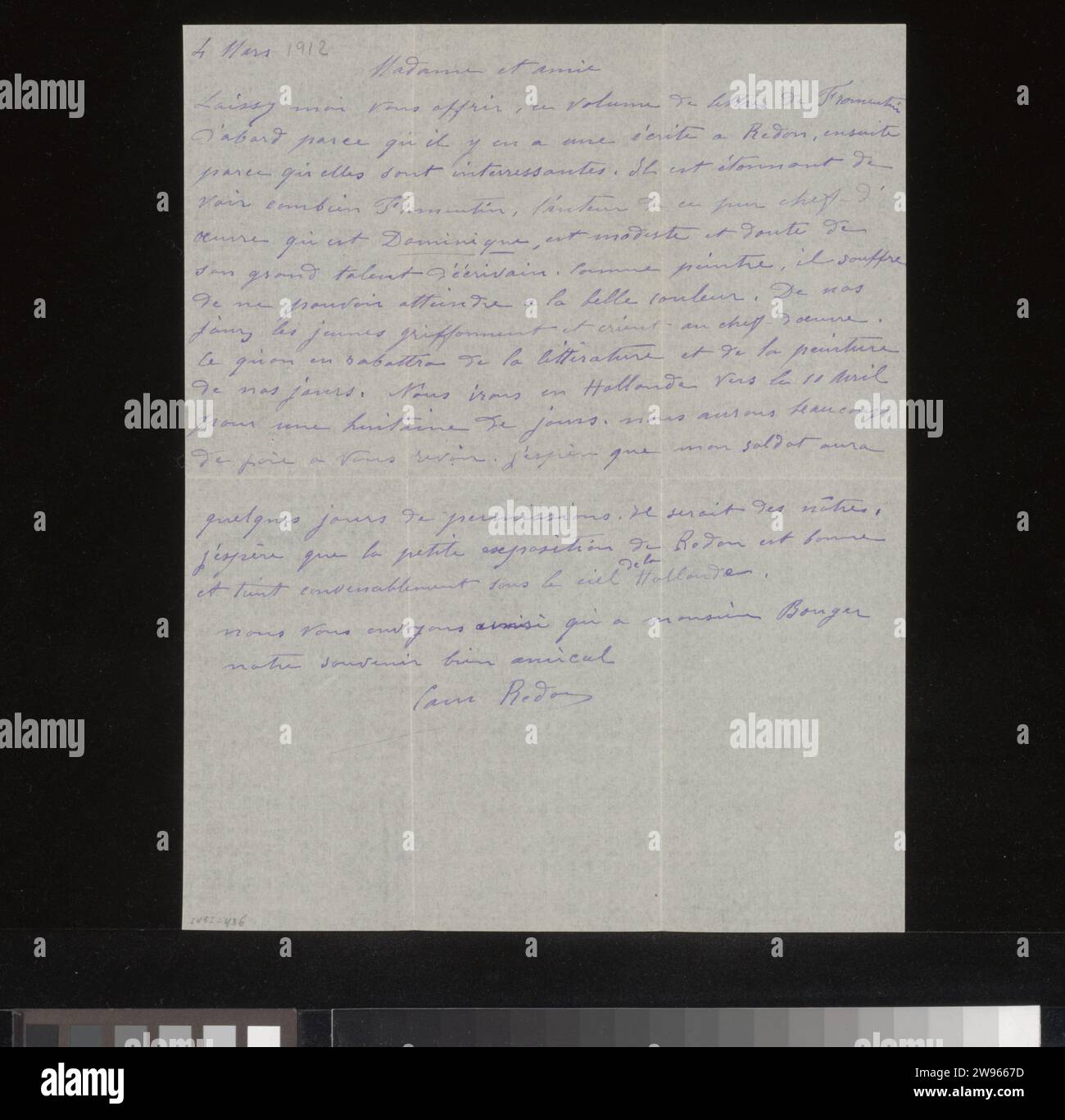 Letter to Anne Marie Louise van der Linden, Camille Redon-Falte, 1912 ...