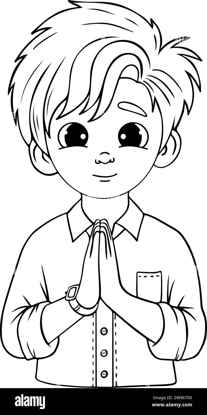 Cute praying boy teenager with folded hands in prayer. Linear hand ...