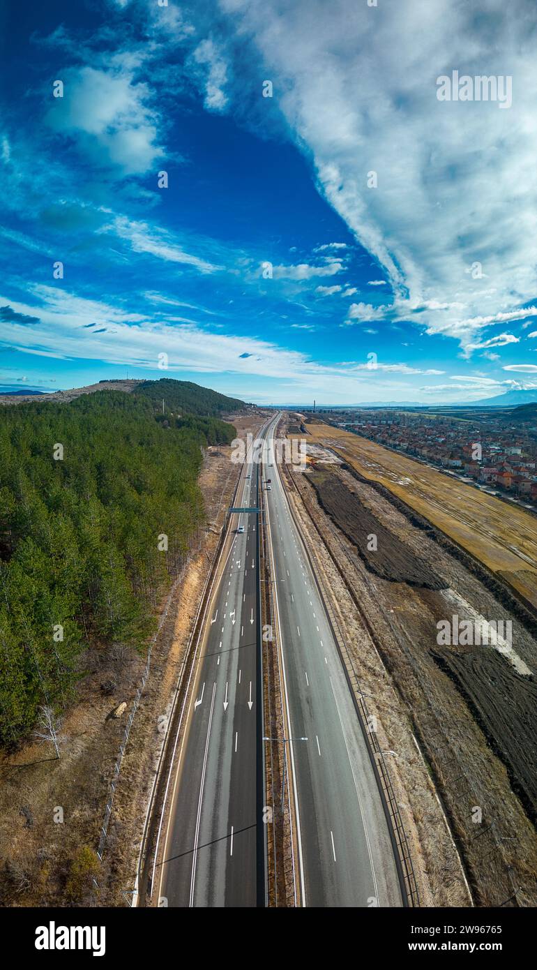 Drone view over the European road boulevard. The road connects the ...