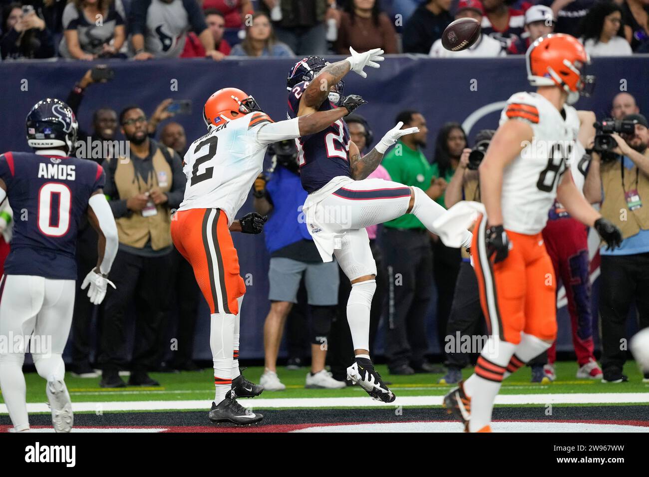 Houston Texans cornerback Derek Stingley Jr. (24) intercepts a pass intended for Cleveland ...