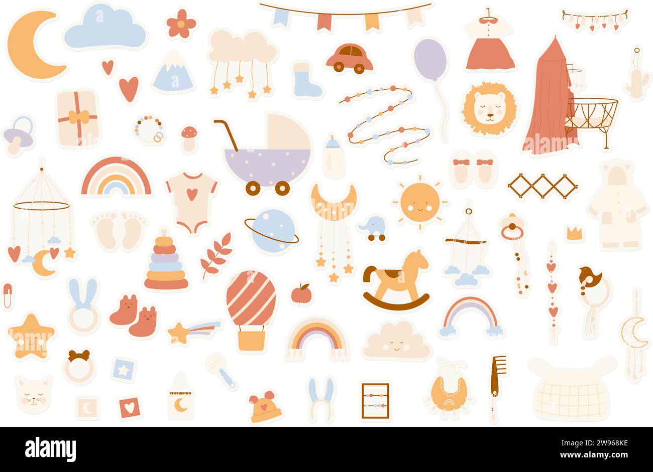 Boho baby clipart set for newborn girls and boys. Cartoon nursery ...