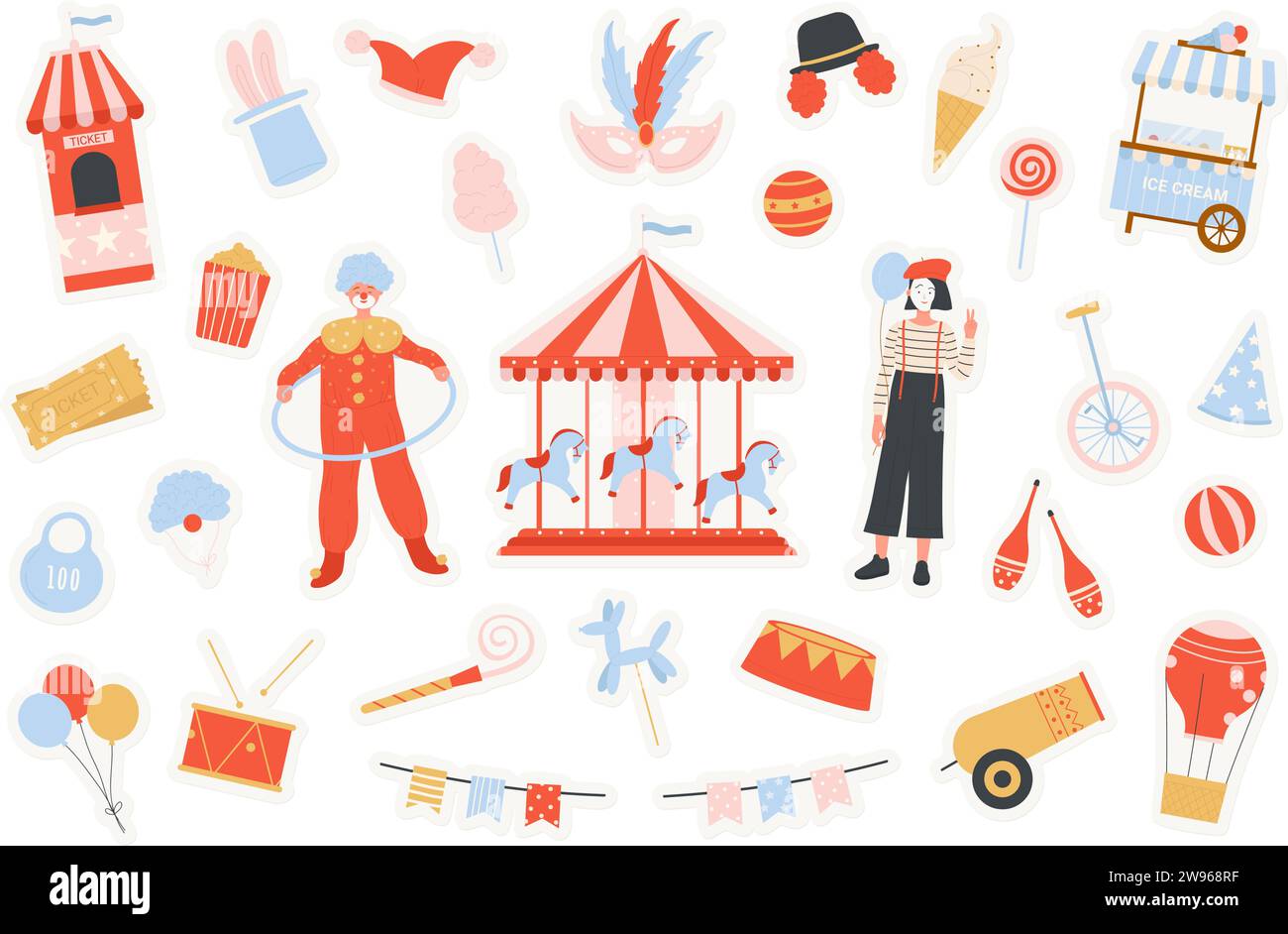 Funny circus and carnaval party stickers set vector illustration ...