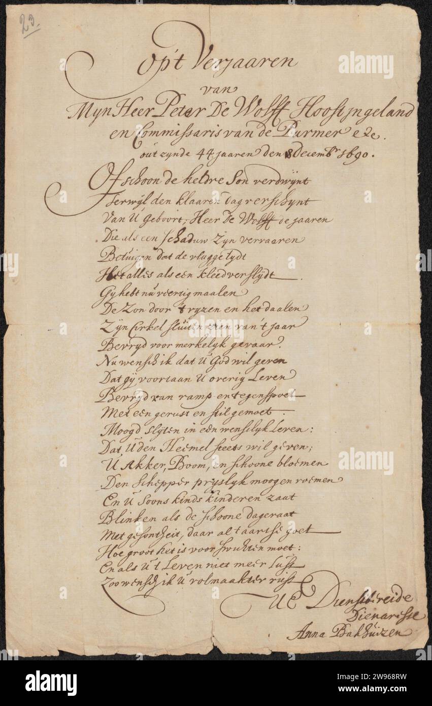 Poem on the birthday of Peter de Wolff, Anna de Hooghe, 1690 poem paper ...