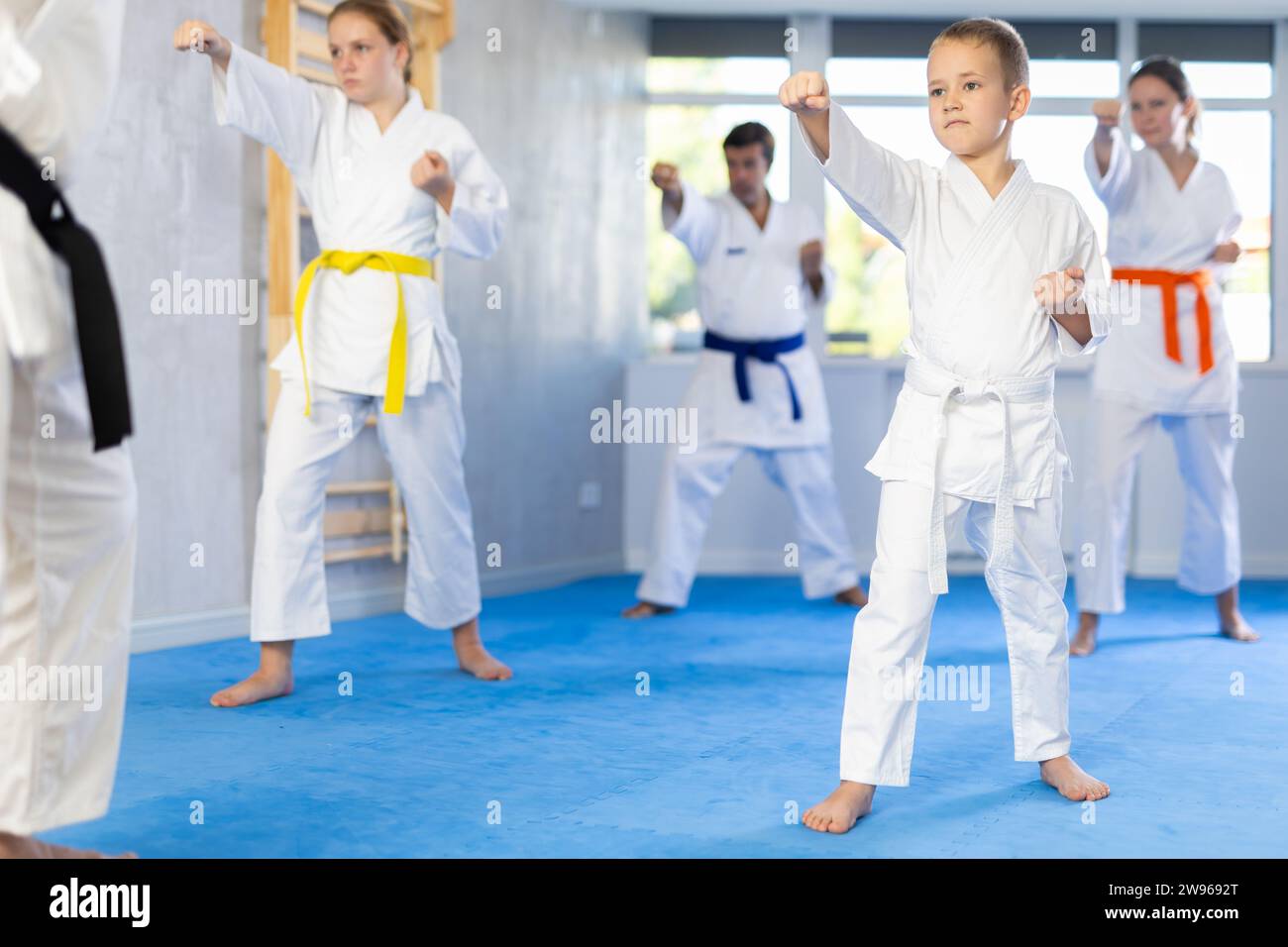 Kid boy and his family repeat movements and learn fighting techniques ...