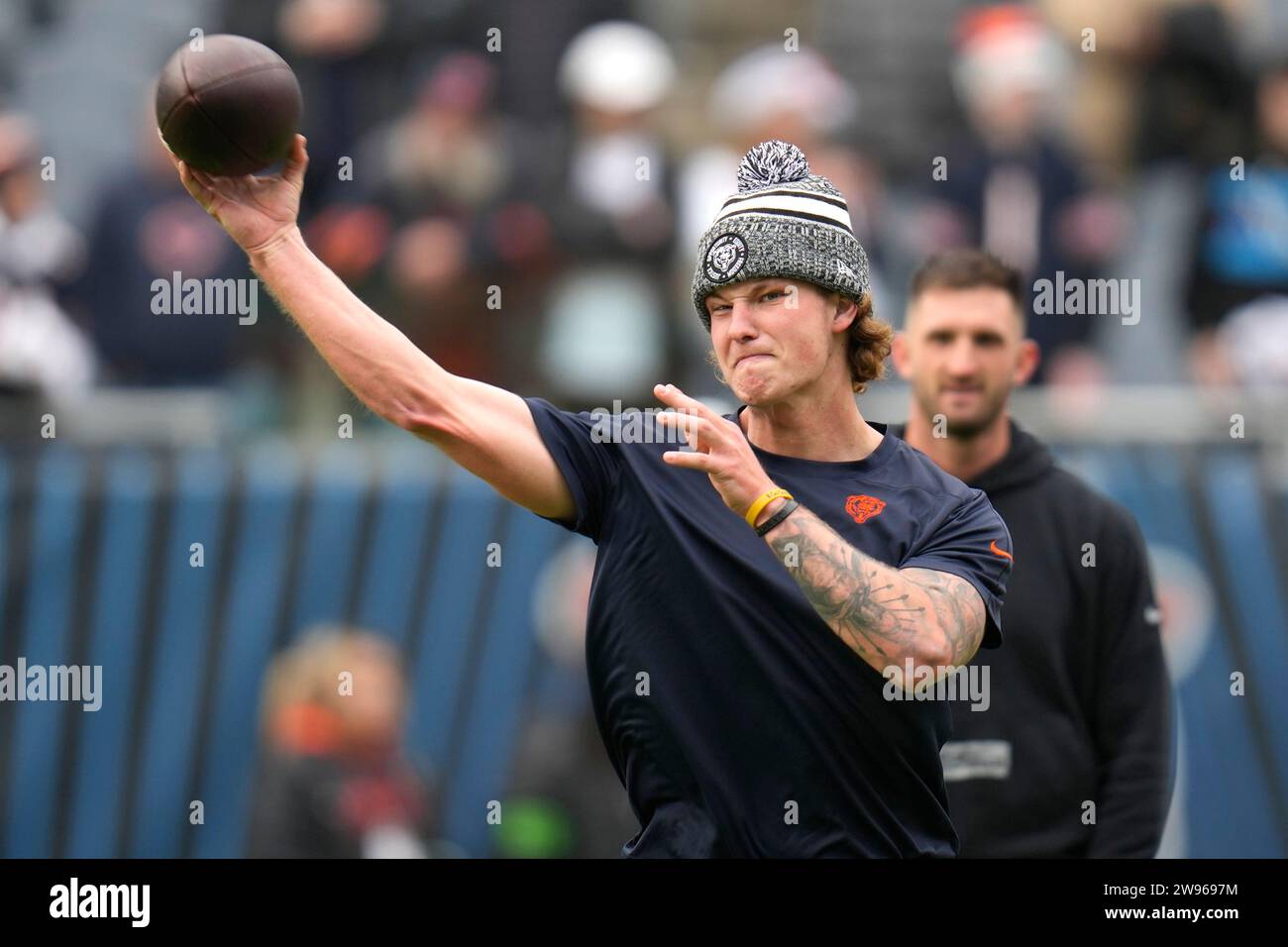 Chicago Bears back up quarterback Tyson Bagent warms up before an NFL ...