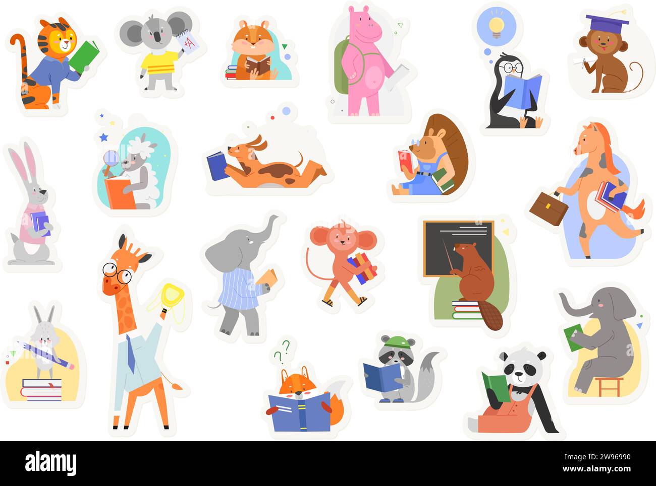 School students animals, cute toy stickers for kids set vector ...