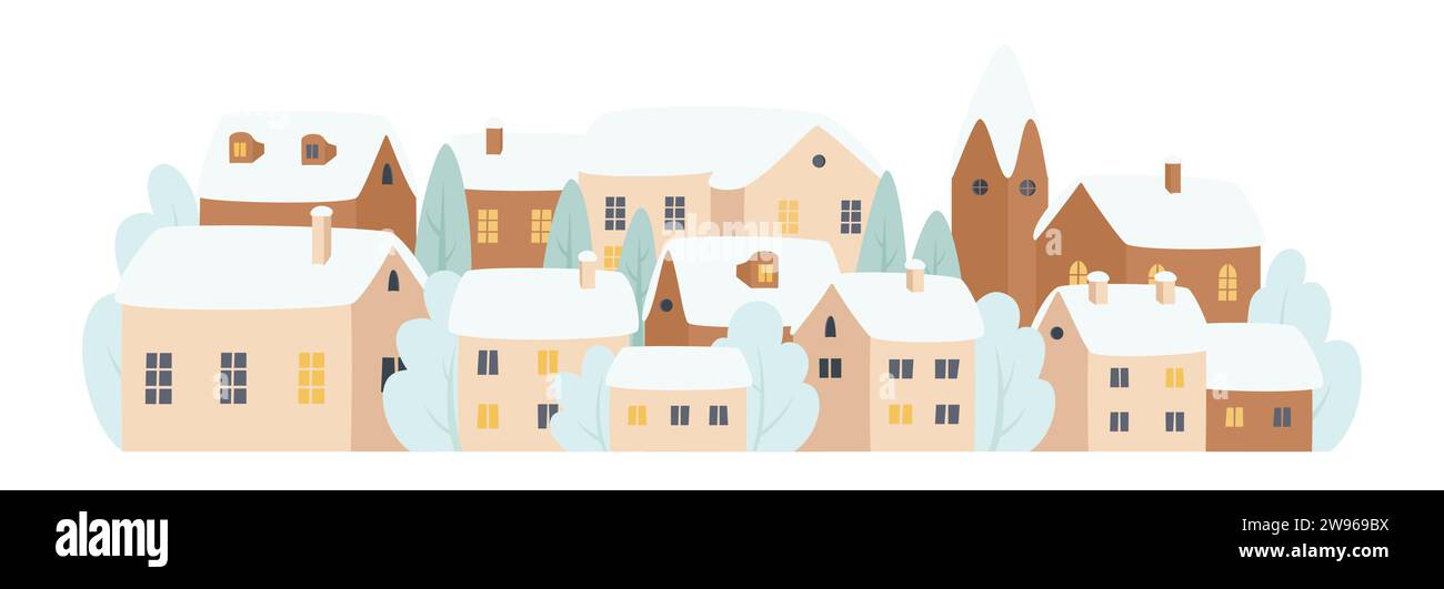 Winter village, snow Christmas town cutr cartoon landscape vector ...