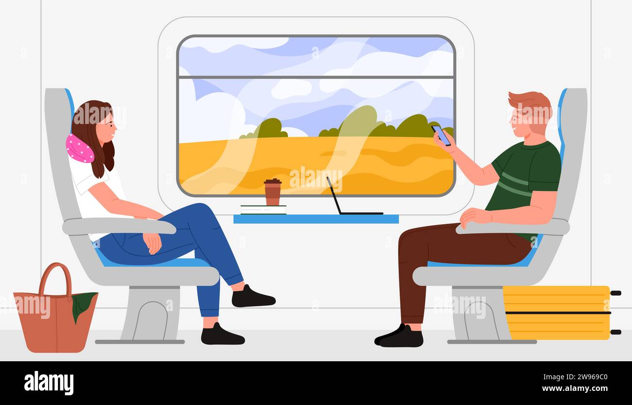 Man and woman travel in train compartment vector illustration. Cartoon ...