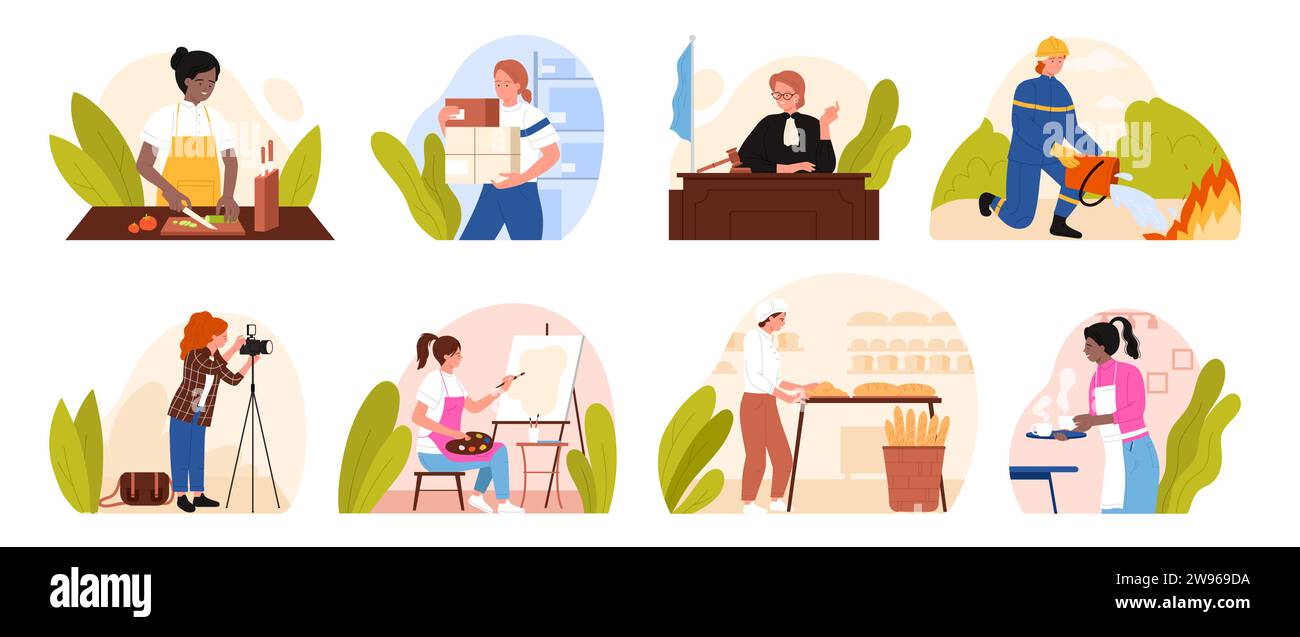 Different professions set for woman, Labor day. Scenes from workplace ...