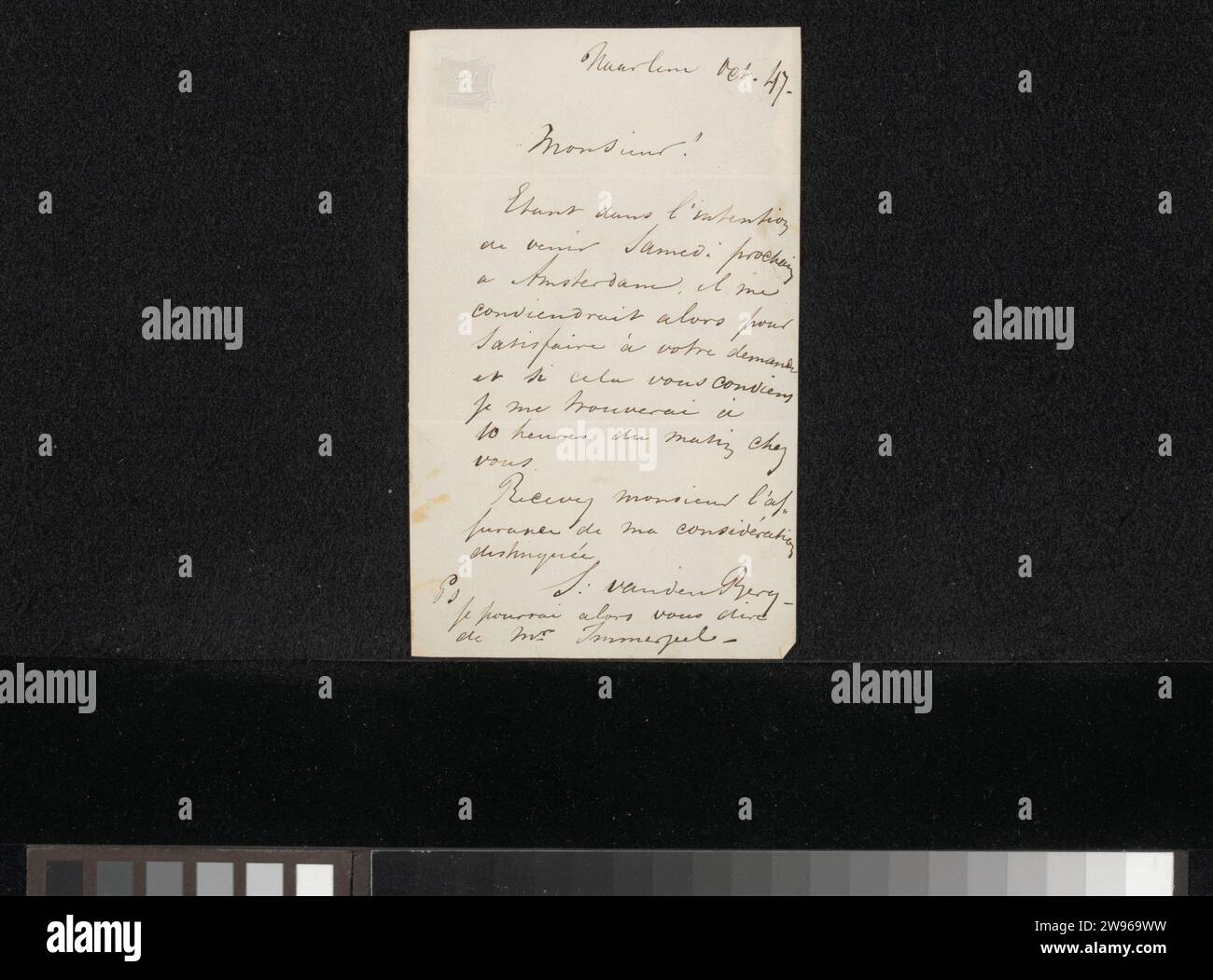 Letter to Anonymous, Simon van den Berg, 1847 letter Haarlem paper. ink ...