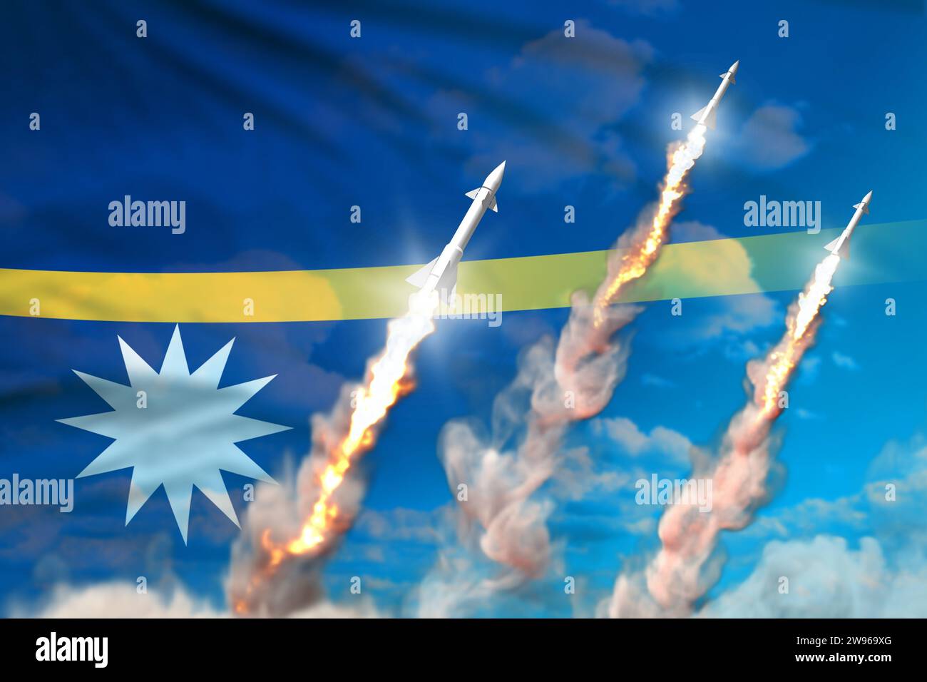 Modern strategic rocket forces concept on blue sky background, Nauru ...