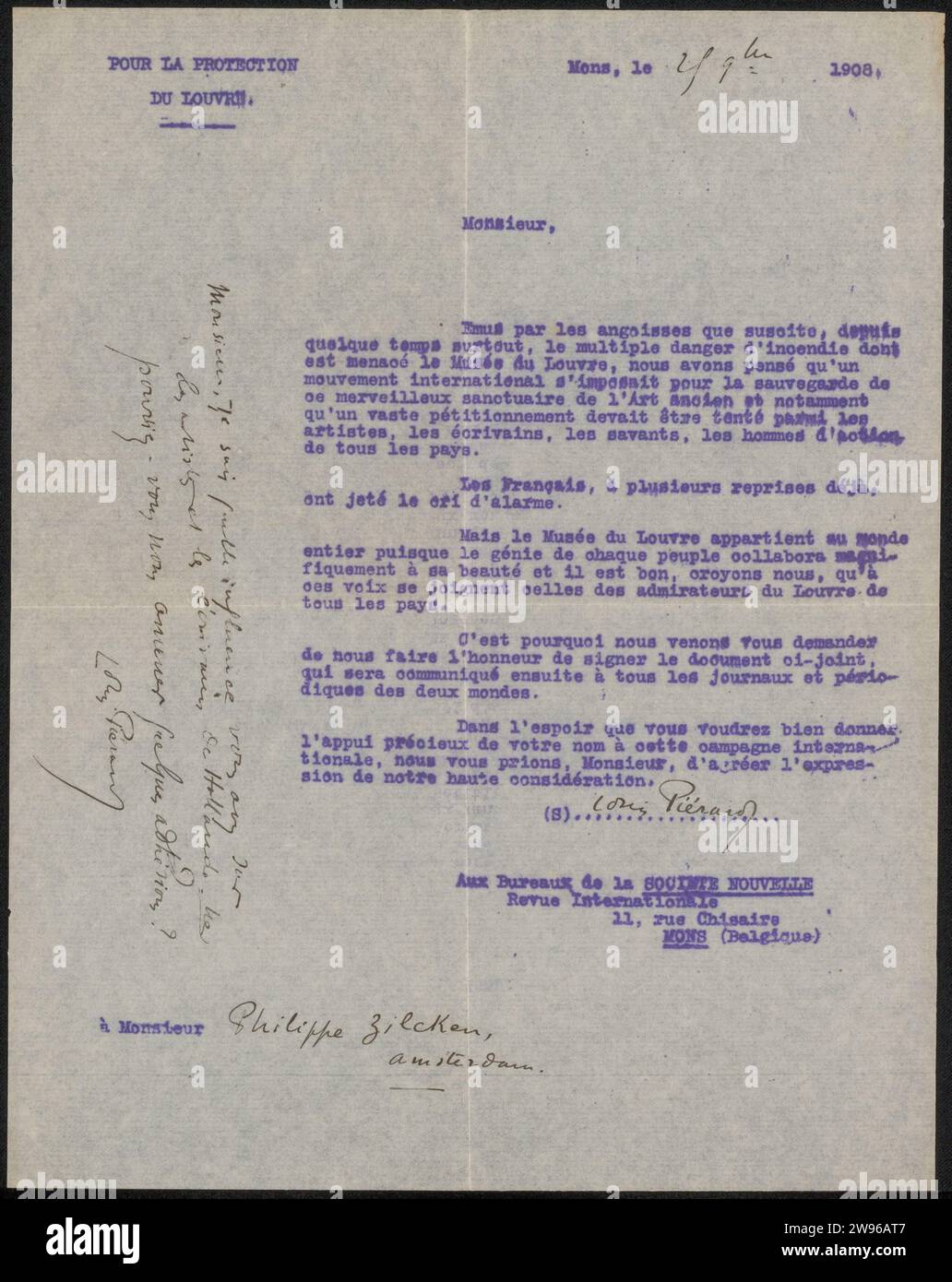 Brief aan Philip Zilcken, Louis Piérard, the new company. International ...