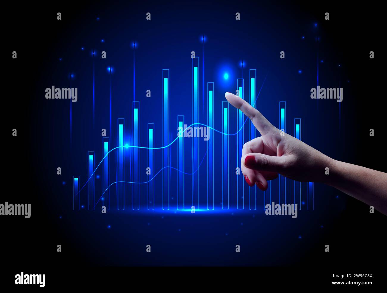 Virtual neon graph and female hand, profit analysis and sales growth ...