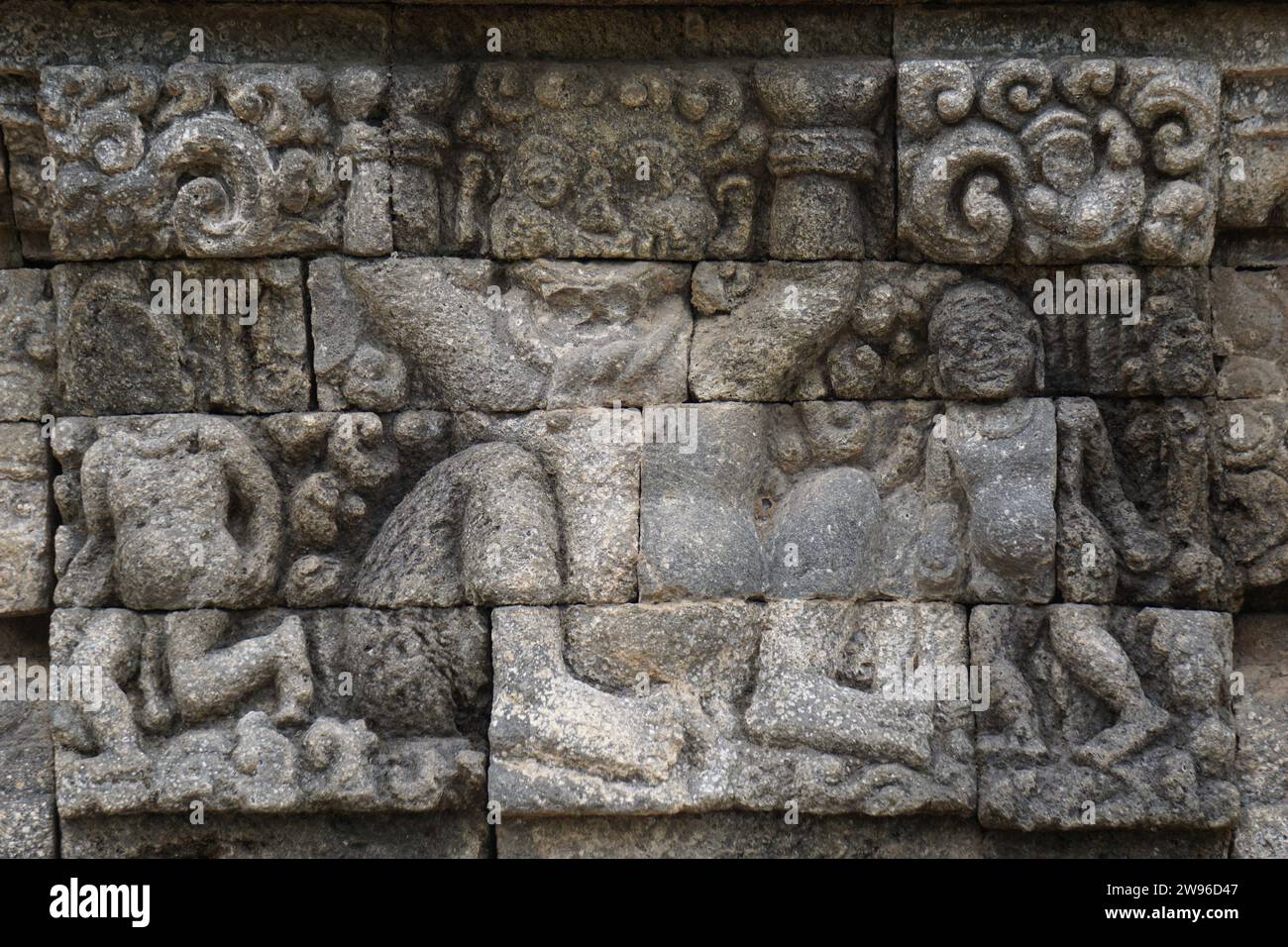 Relief on the wall of Tegowangi temple in Kediri, East Java. This ...