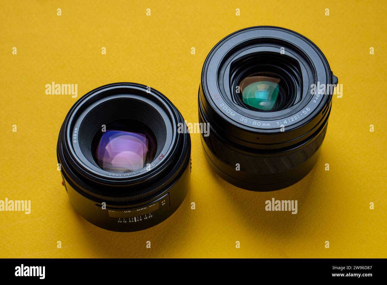 Camera lenses on a yellow background. Optical devices for image ...