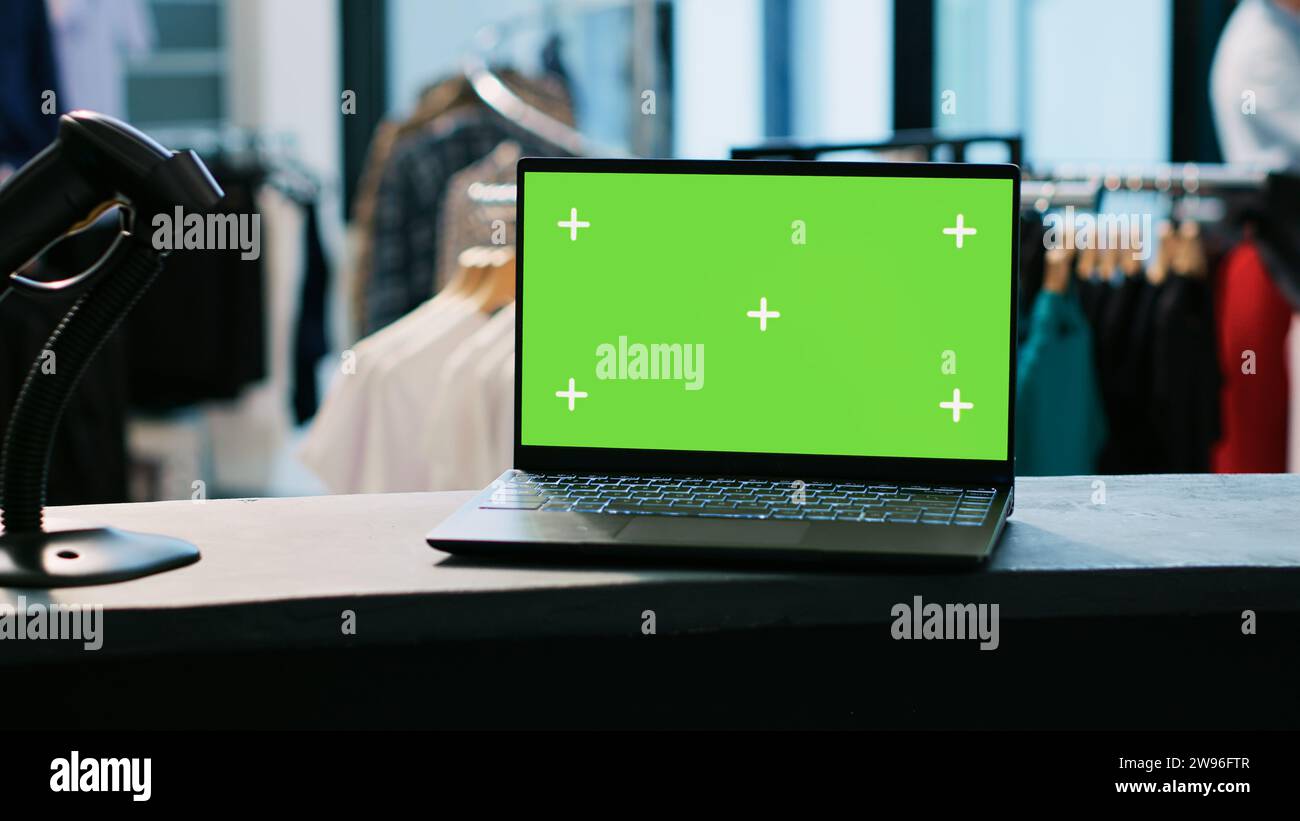 Portable computer with chroma key green screen mock up display standing ...