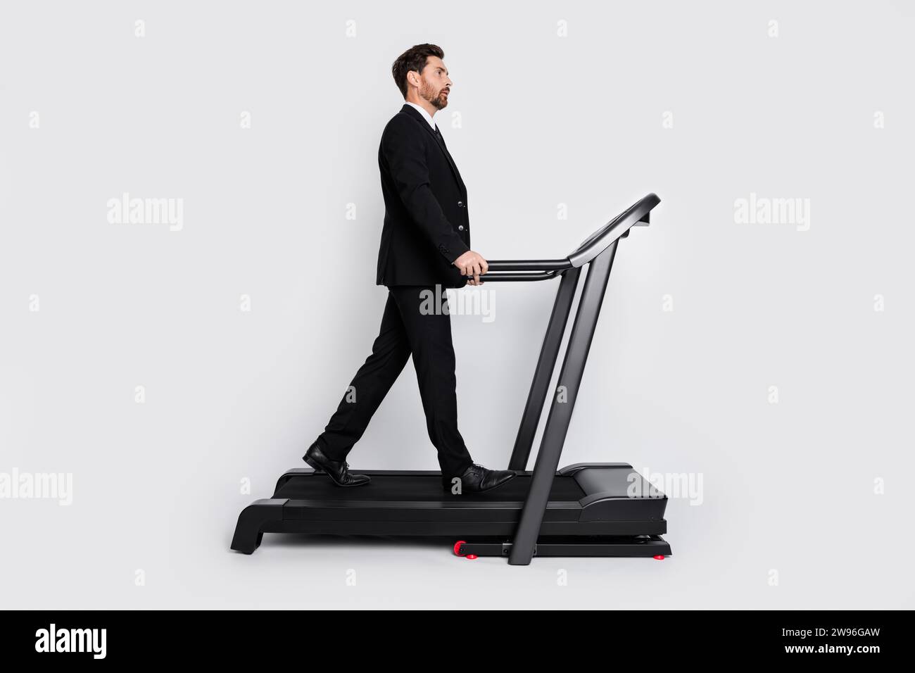 Full body profile portrait of determined elegant person walk exercise ...