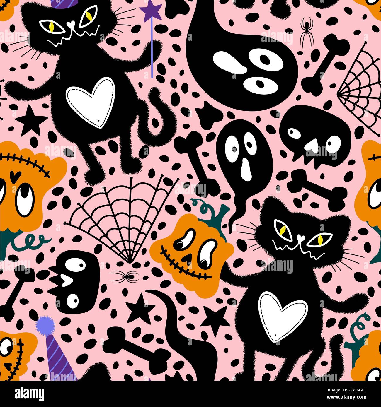 Halloween cat seamless pumpkins and ghost pattern for wrapping paper ...