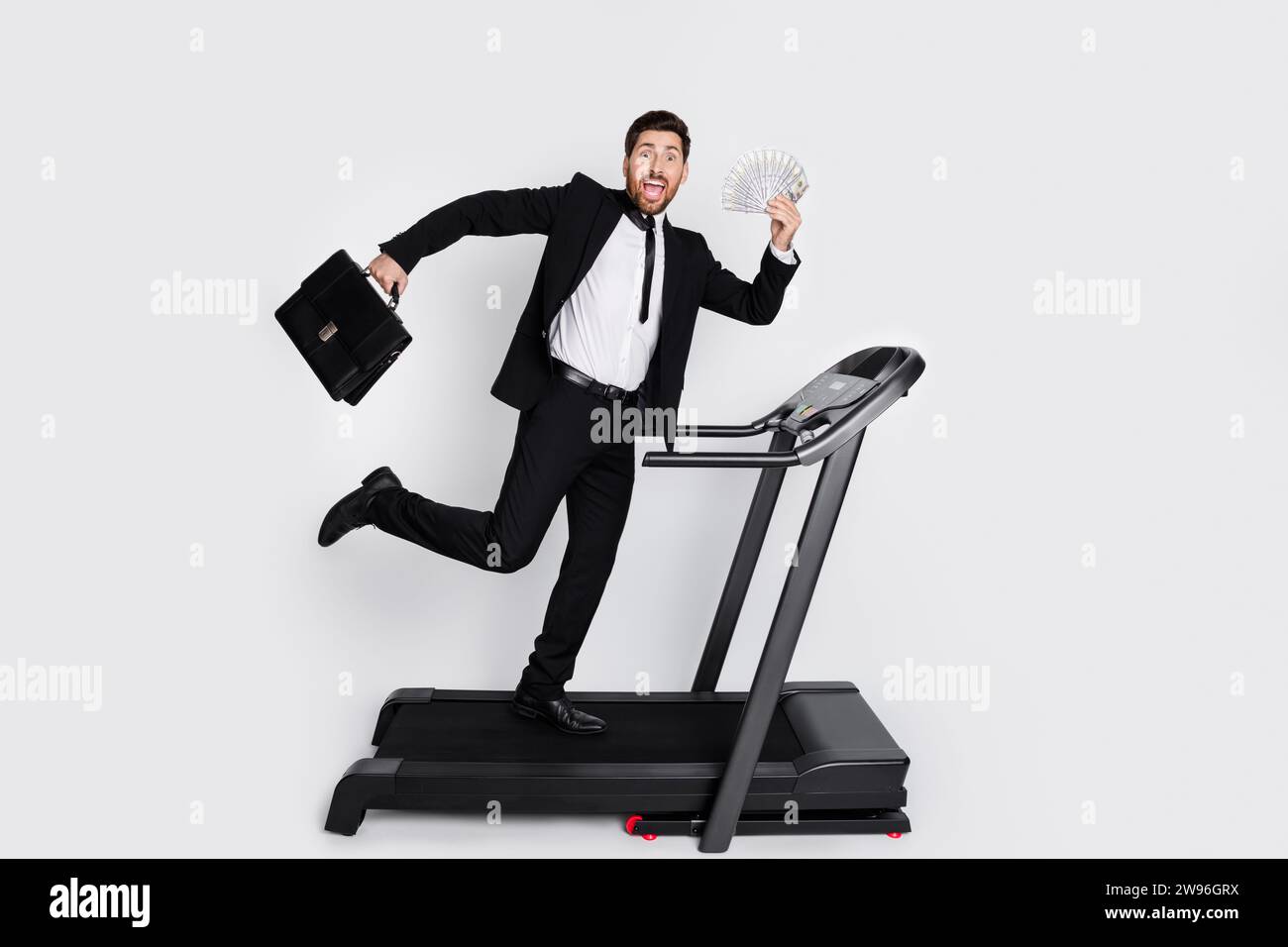 Full body profile photo of corporate rich person hold dollar bills ...