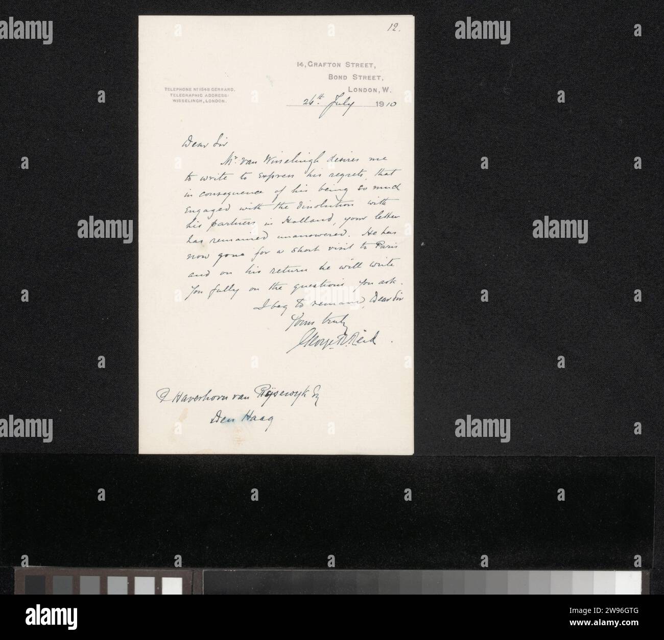 Letter to Pieter Haverkorn van Rijsewijk, George R. Reid, 1910 letter ...
