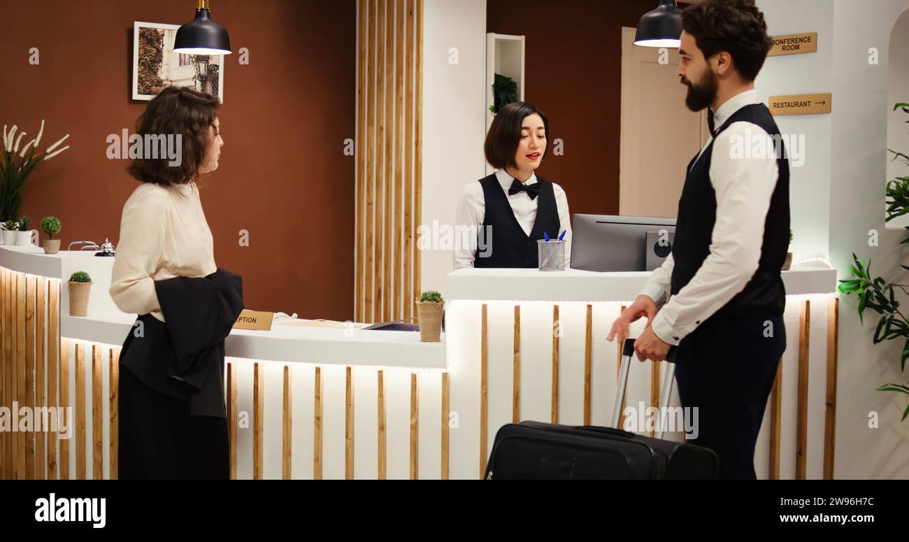 Business travelling woman resort visitor in professional trip assisted ...