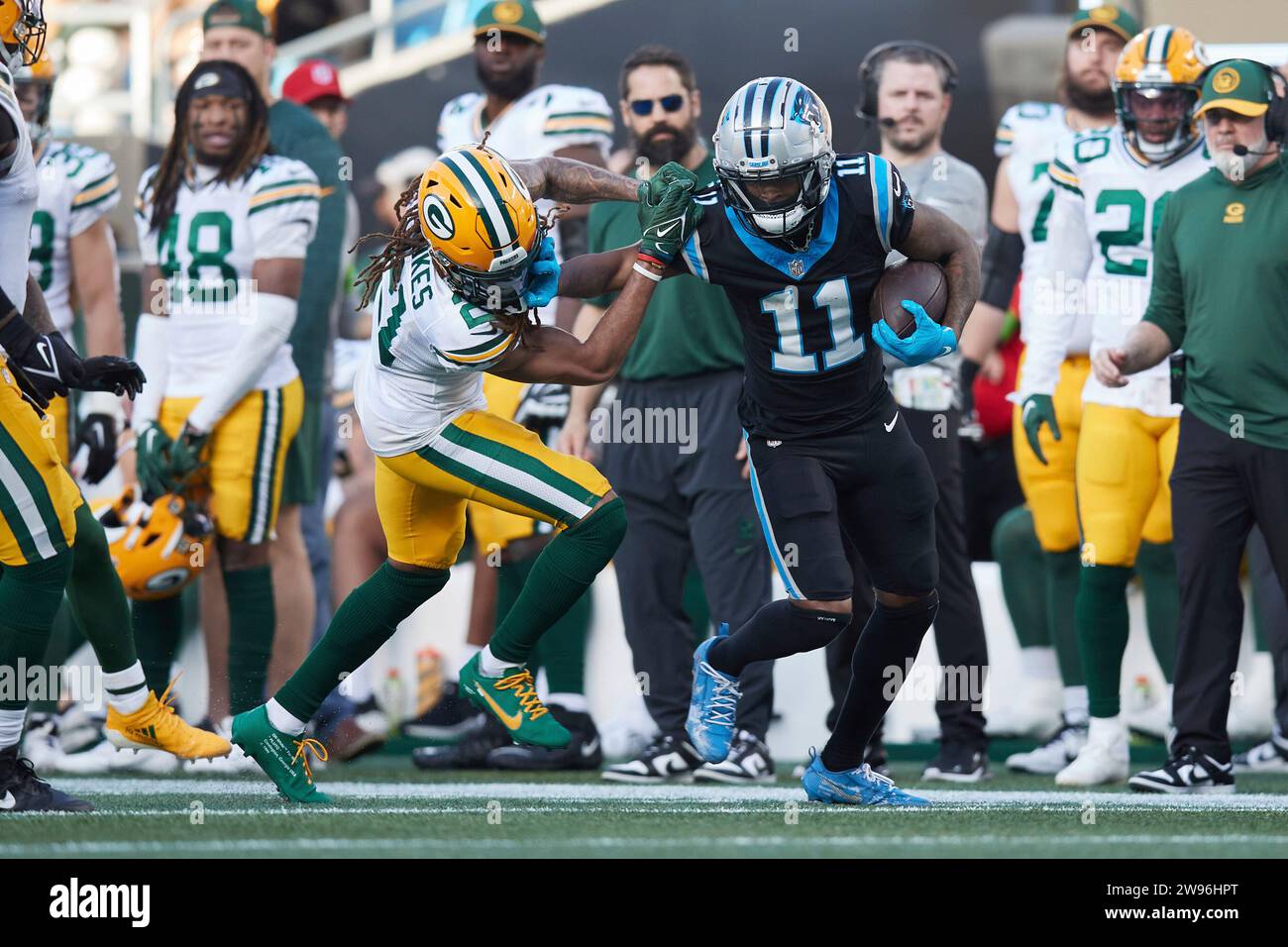 Carolina Panthers wide receiver Ihmir Smith-Marsette (11) gives a stiff ...