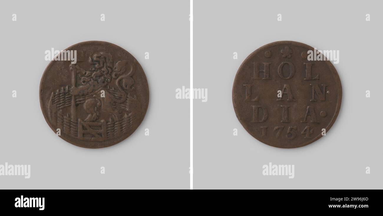 Hollandse Duit, 1754, Province of Holland, 1754 coin Copper mint. Front ...