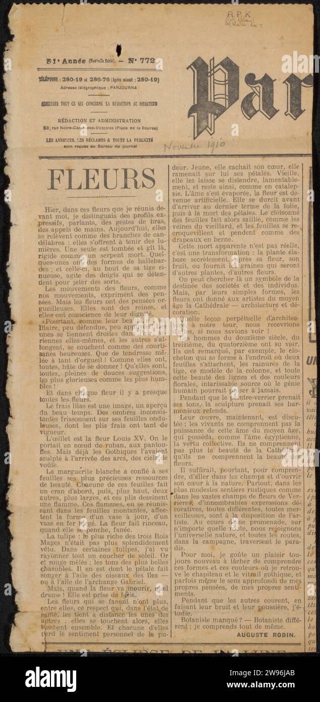 Newspaper clipping from Philip Zilcken archive, Auguste Rodin, 1910 ...