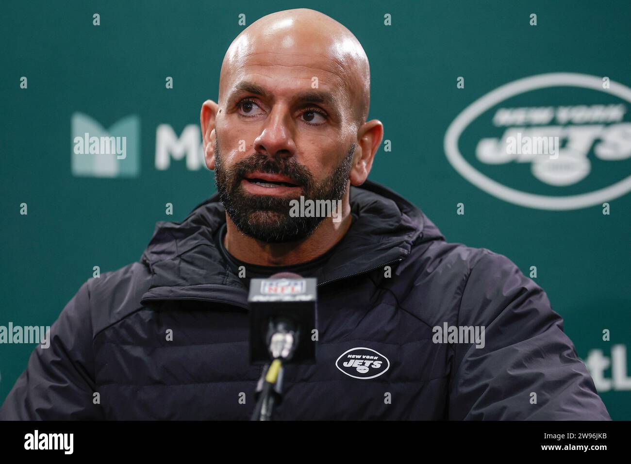 New York Jets head coach Robert Saleh answers questions during a news ...