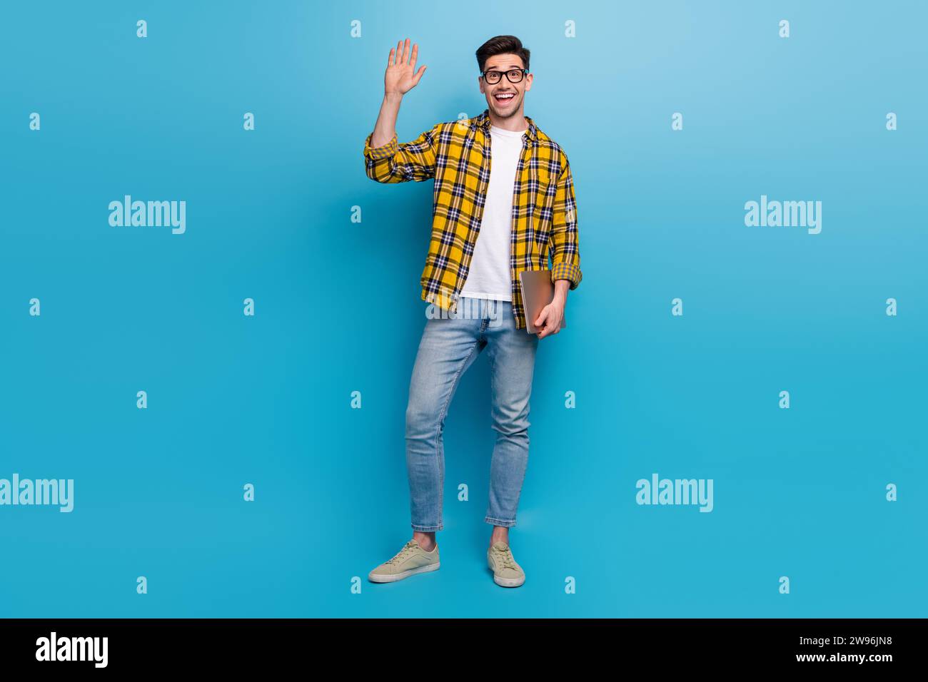 Full body size photo of young perspective programmer guy palm greetings ...