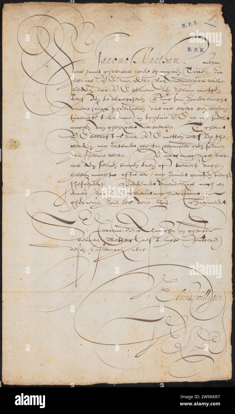 Letter to Jacob Matham, Jan van de Velde (I), 1605 letter Rotterdam ...