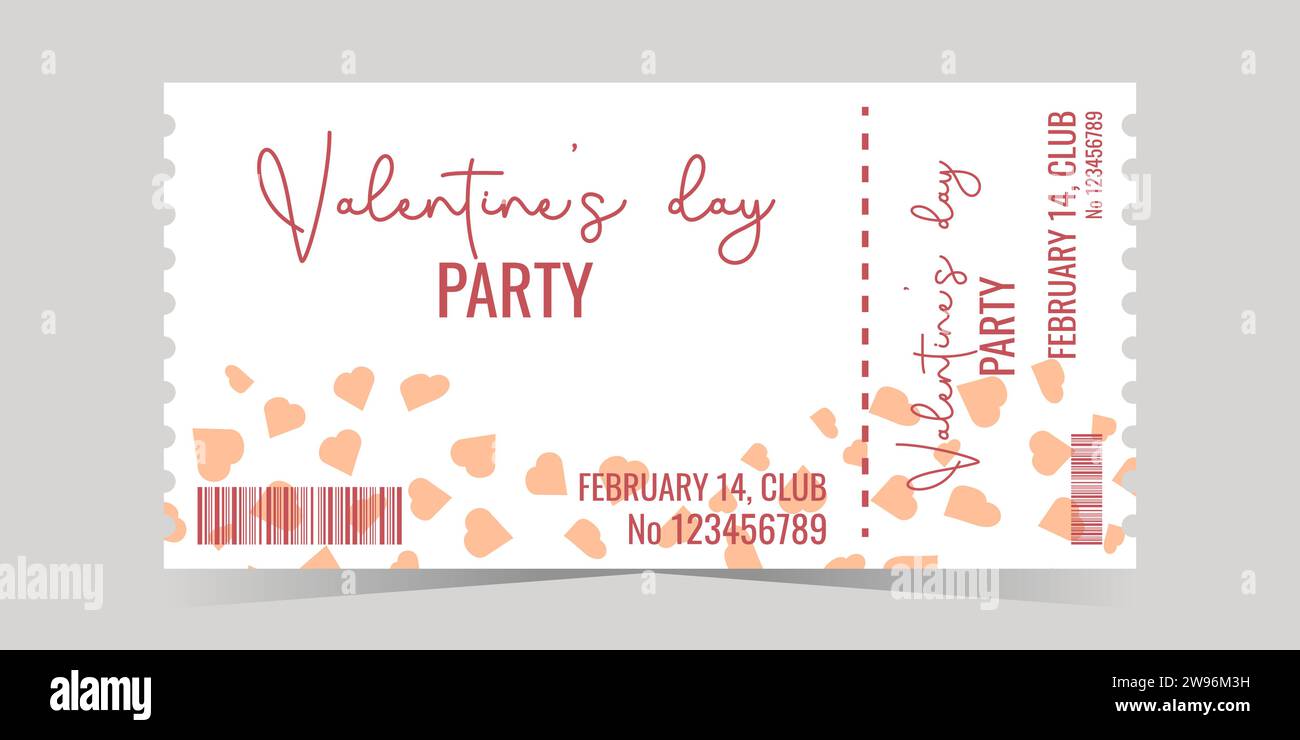 Valentine Day party ticket festive template layout. Pink heart and ...