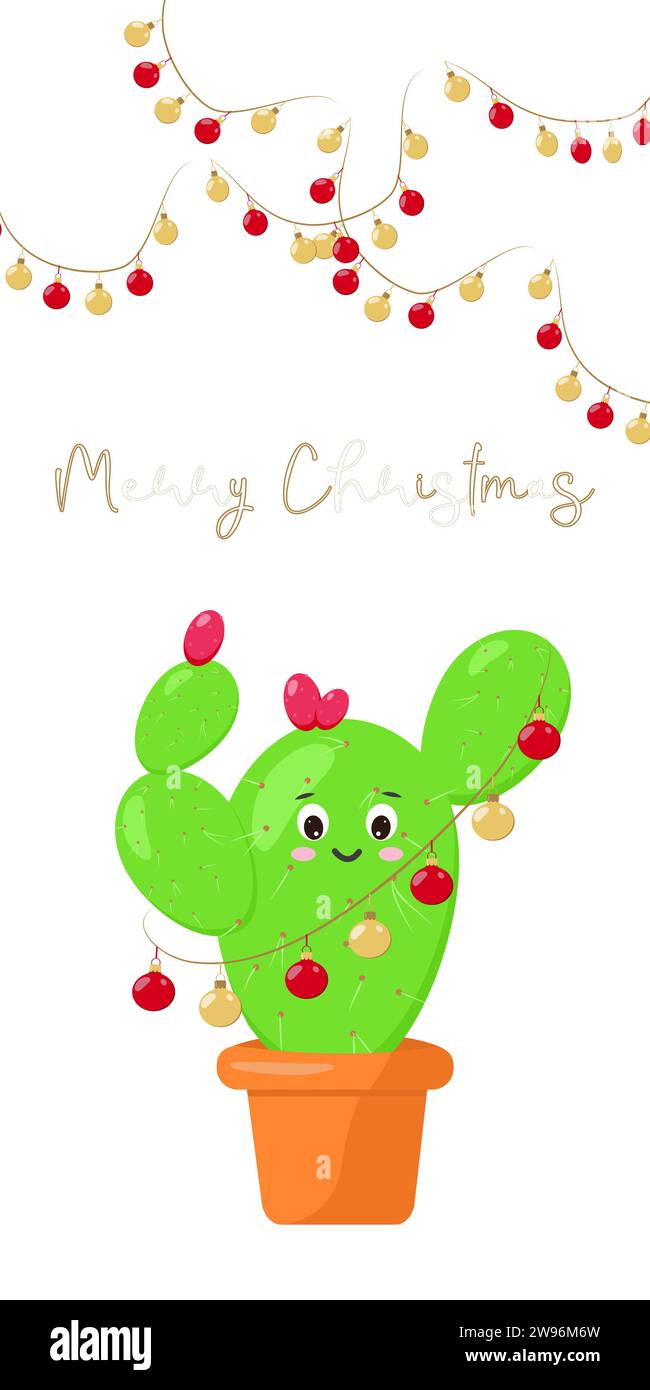 Cute funny cactus in pot with garland. Cactus with pink flower ...