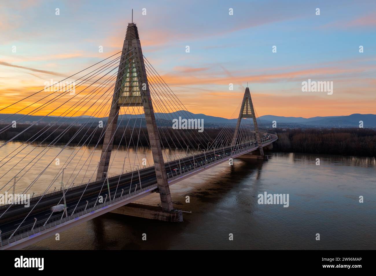 Aerial view about the famous Megyeri bridge at sunset Stock Photo - Alamy