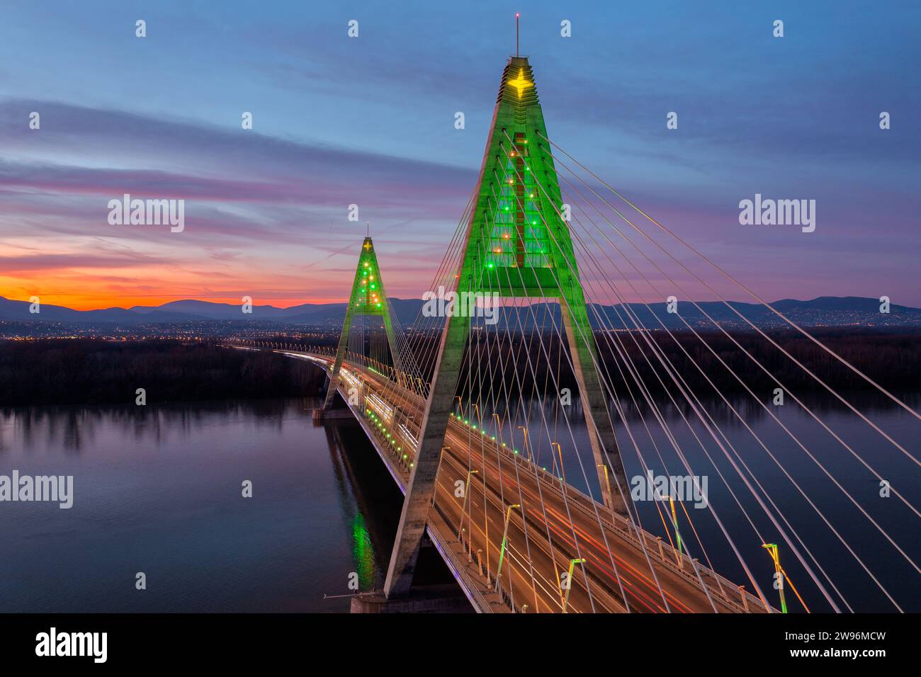 Aerial view about the illuminated Megyeri bridge in a rare christmas ...