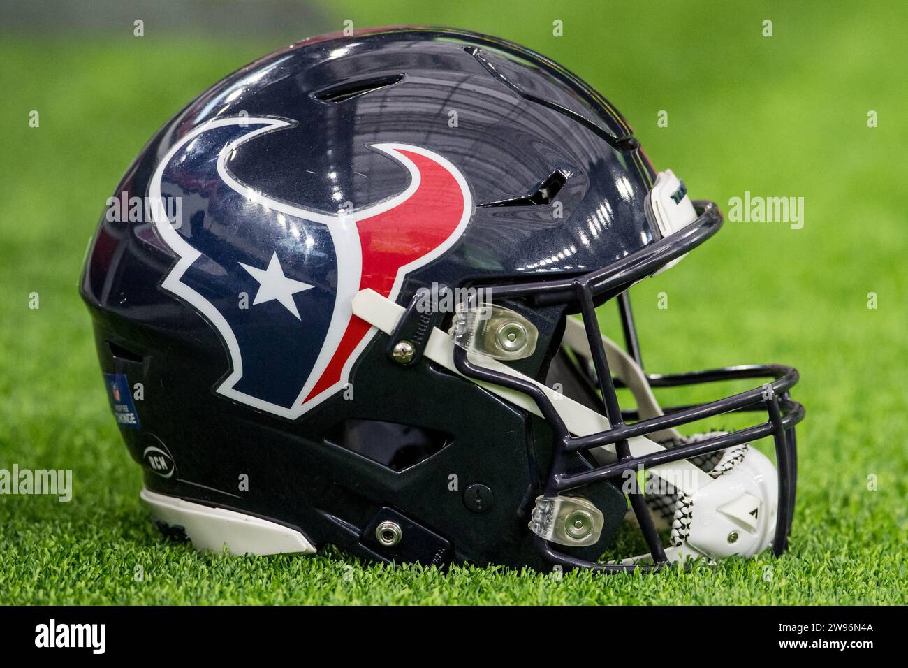 Houston, TX, USA. 24th Dec, 2023. A Houston Texans helmet sits on the sideline during a game ...