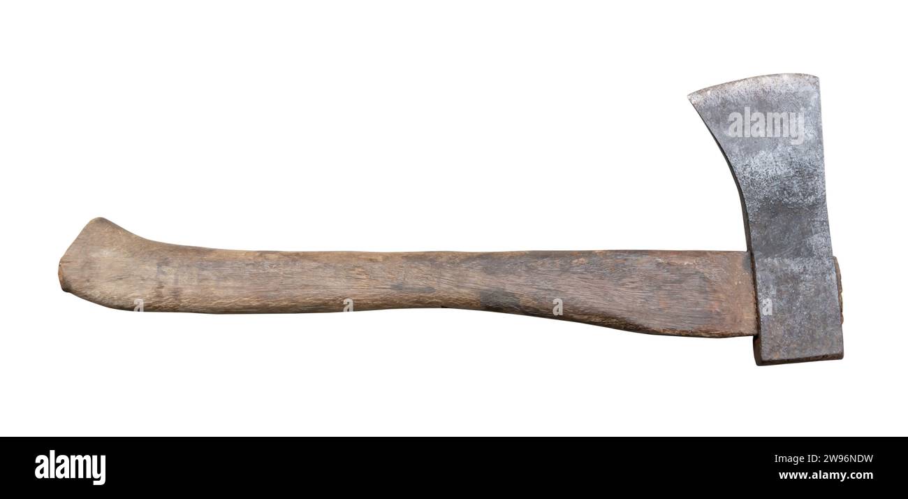 Old rust dirty dark gray axe with brown wooden handle is isolated on ...