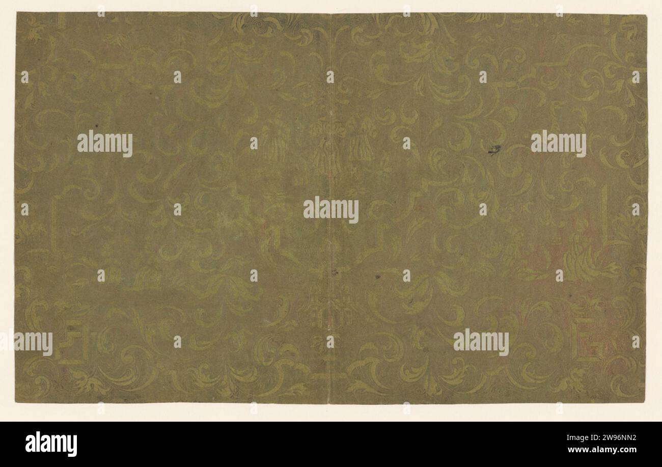 Leaf with standing and kneeling figures between tendrils, anonymous, c ...