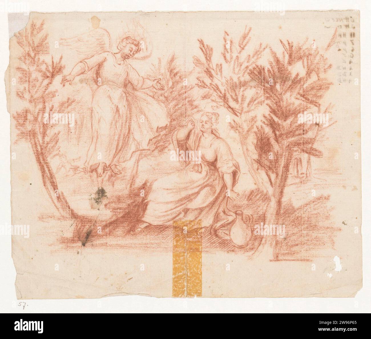 Engel appears to Hagar, Jan Brandes, 1770 - 1787 drawing After Hagar Ismaël has placed under a ...